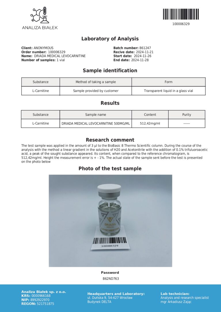 Levocarnitine 500 mg/ml (L-carnitine) 10ml vial Carnitina iniettabile